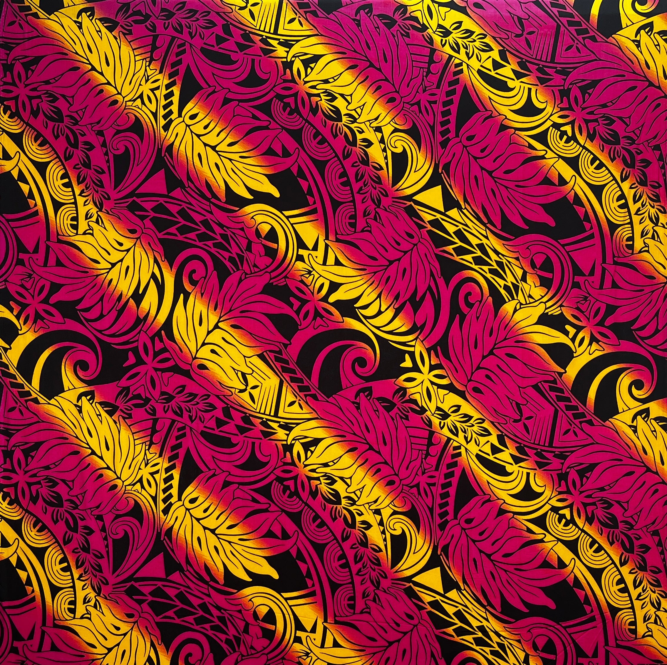 Diagonal Traditional Tattoo Gradient design with Tropical Leaves Rayon