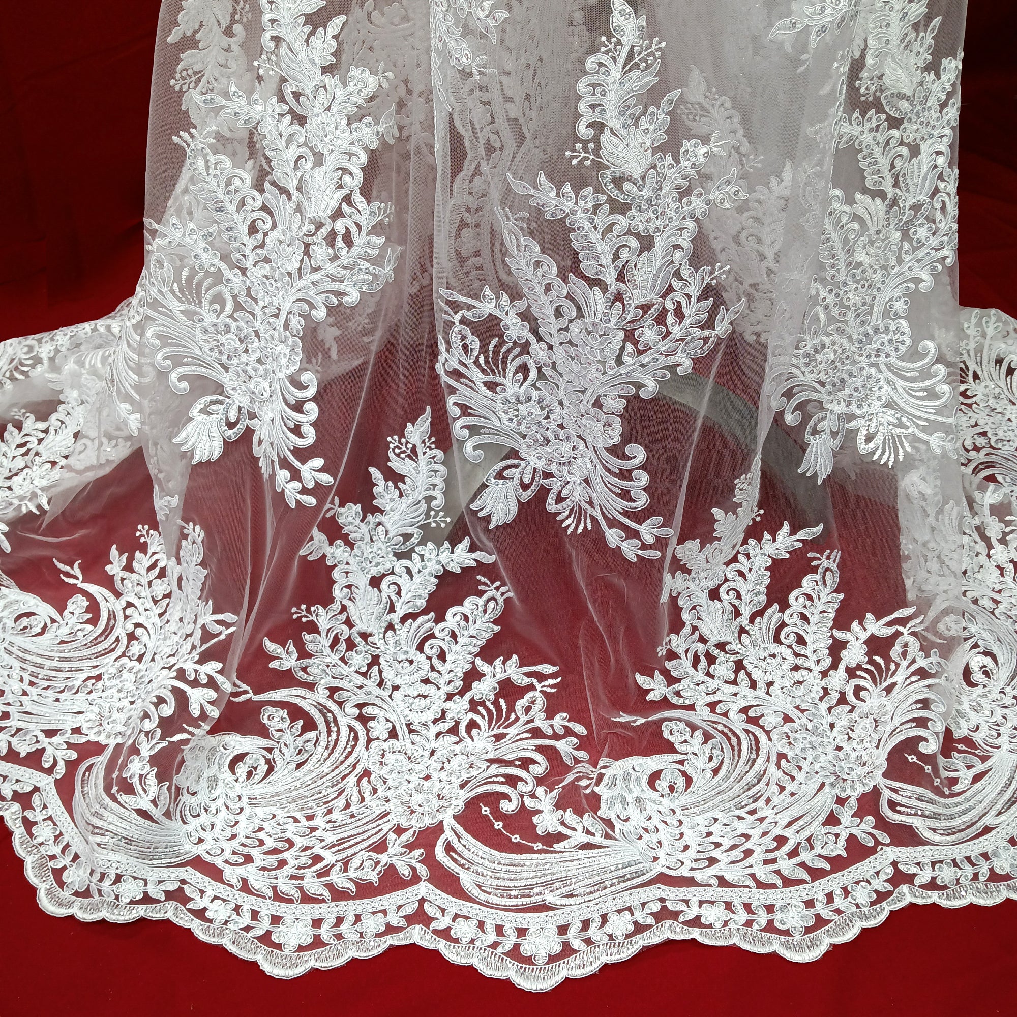Beaded & Corded Bridal Lace Fabric Embroidered on 100% Polyester Net M