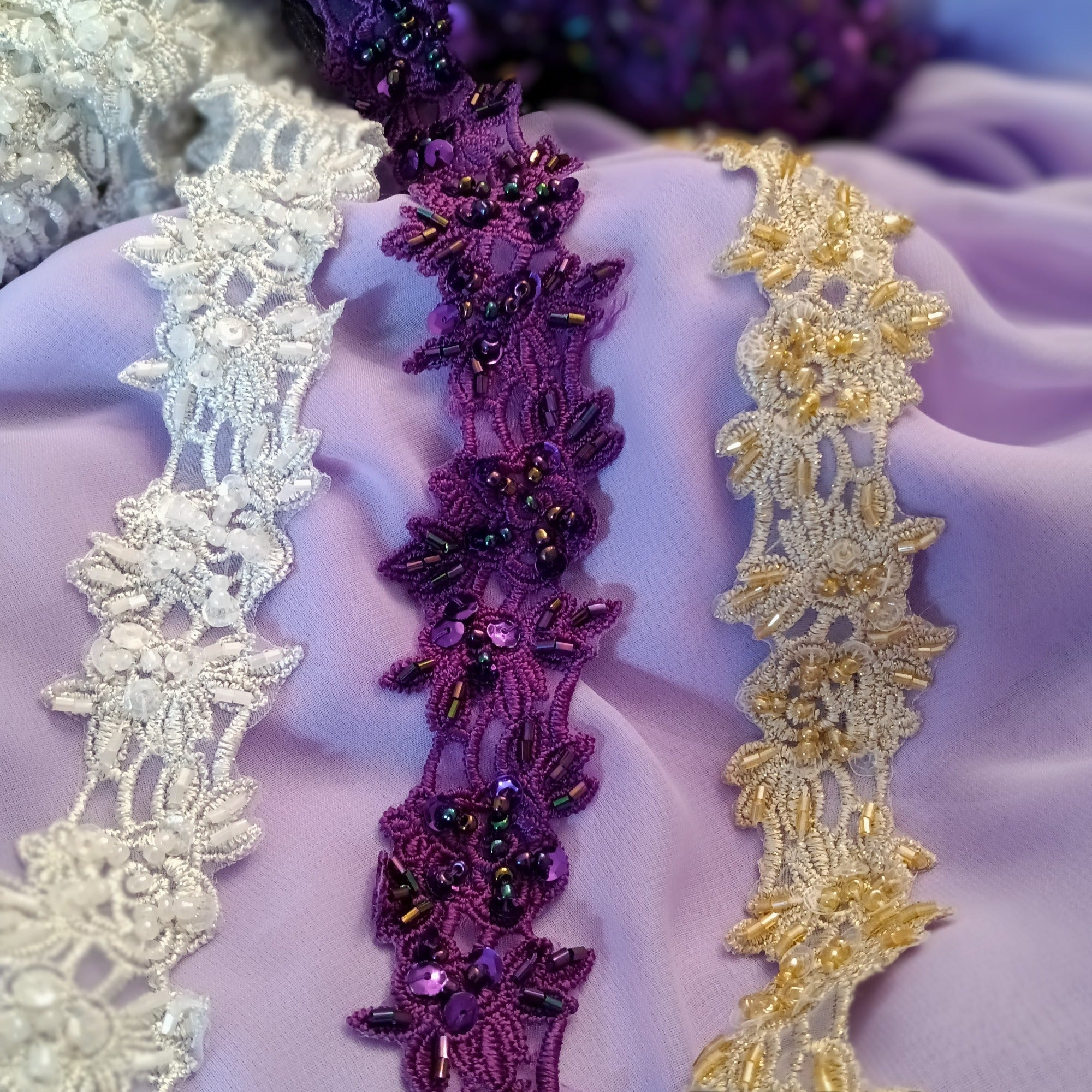 Beaded Lace Trimming Embroidered on 100% Polyester Organza | Lace USA