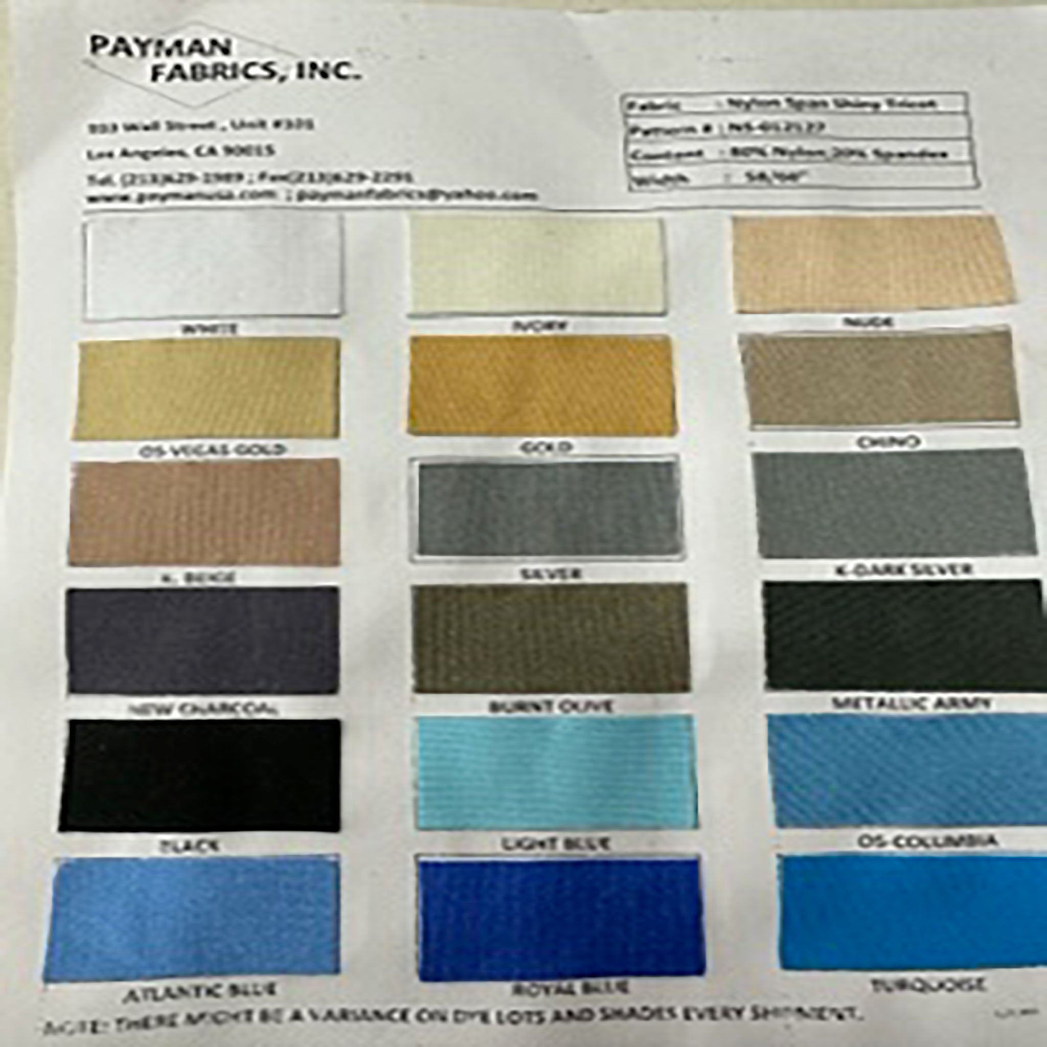 Dynamic Nylon Spandex 4-Way Shiny Tricot Color Card | Spandex Palace