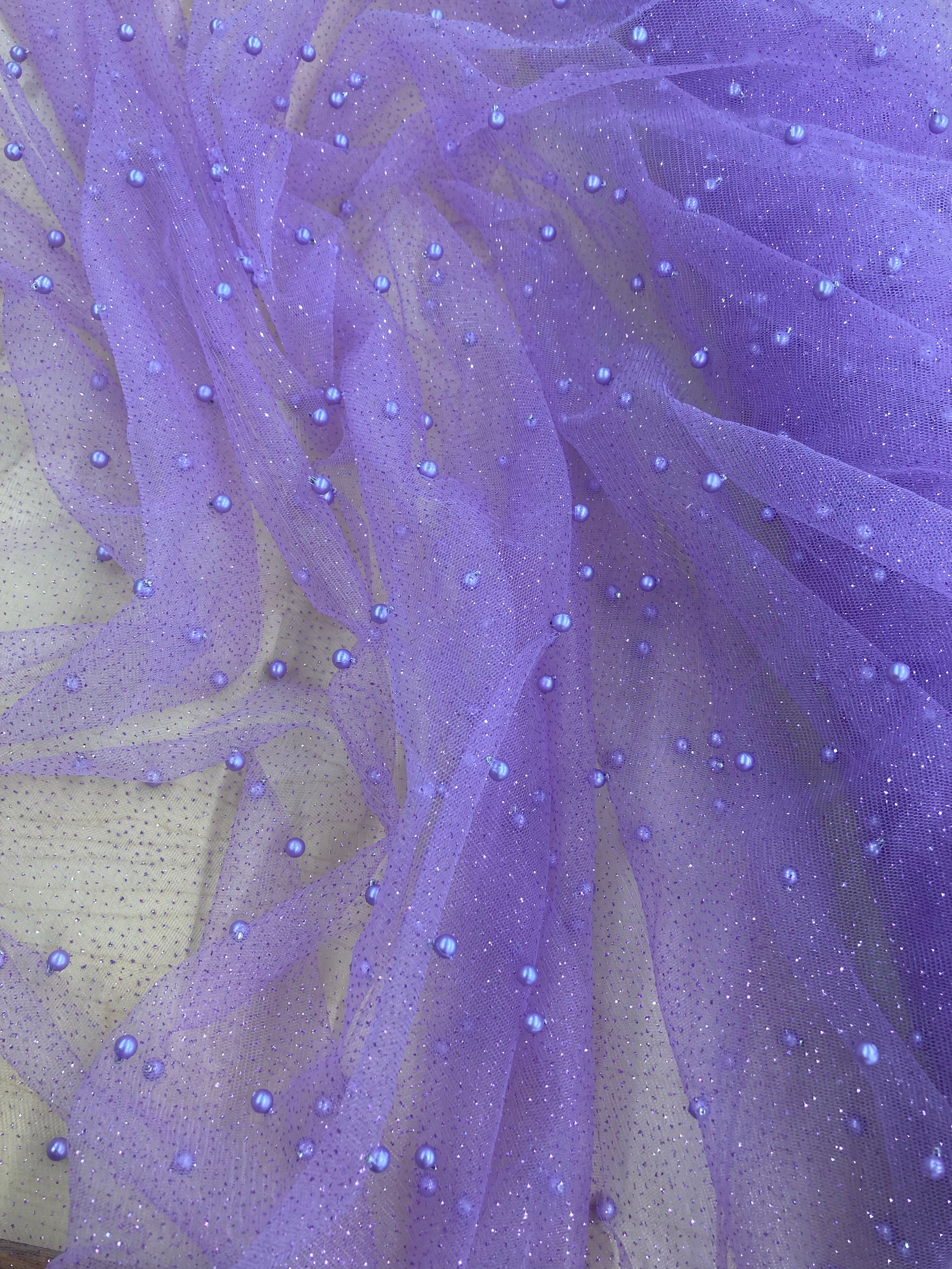 Glitter Mesh Fabric with Scattered Pearls 2-Way Stretch | Lace USA - N