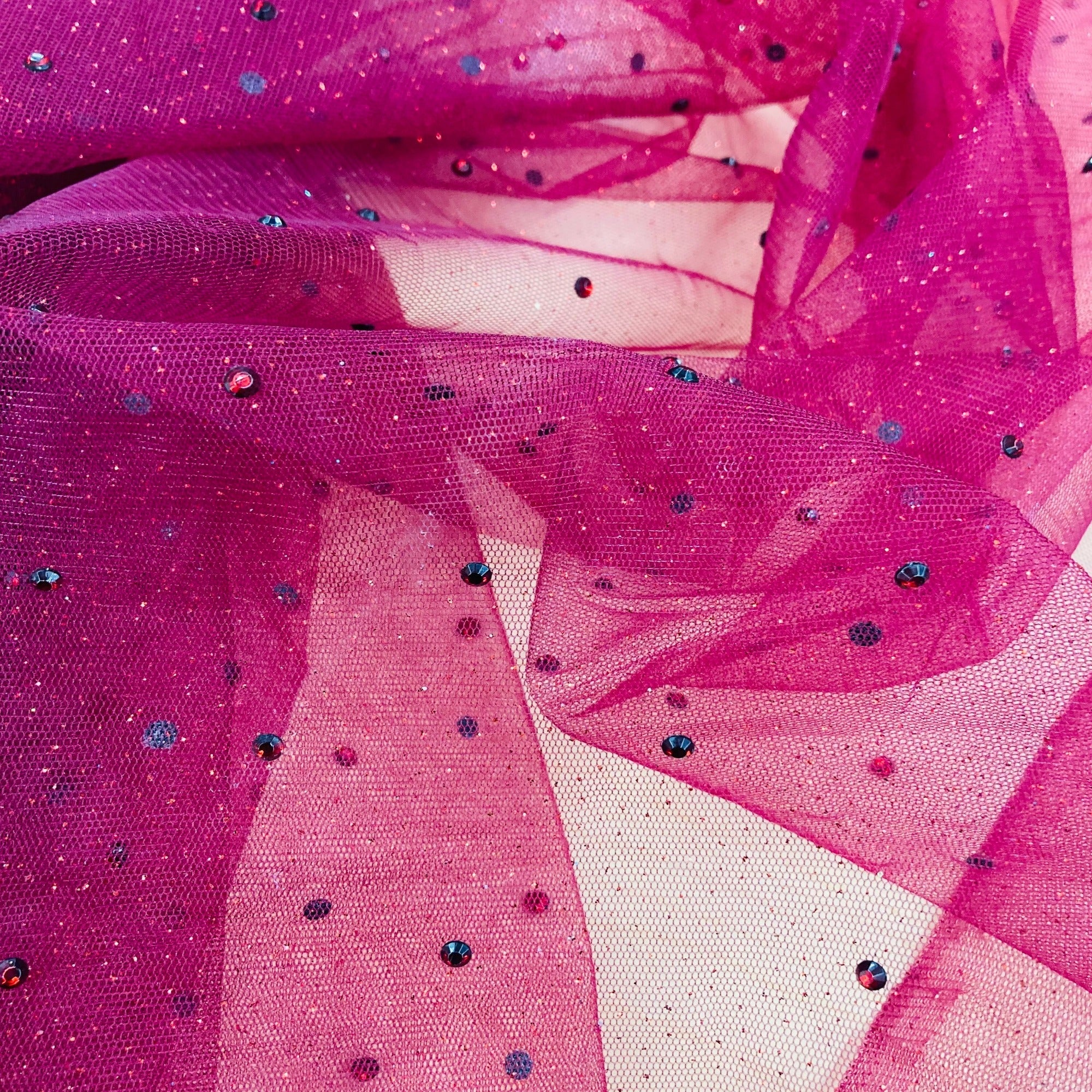 Glitter Mesh Tulle Fabric with Scattered Rhinestones 2-Way Stretch | L